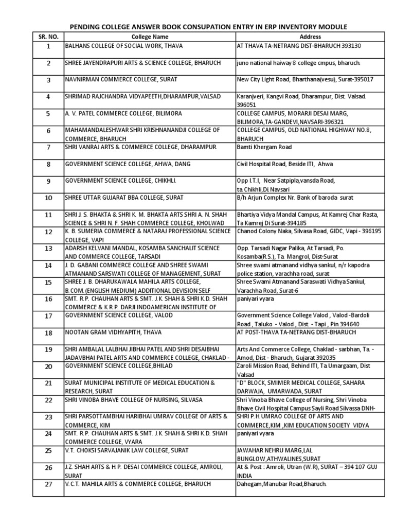 Pending College List For Answer Book Consupation Entry in Inventory ...