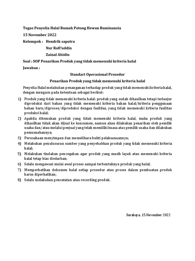 SOP Produk Yang Tidak Memenuhi Kriteria Halal | PDF