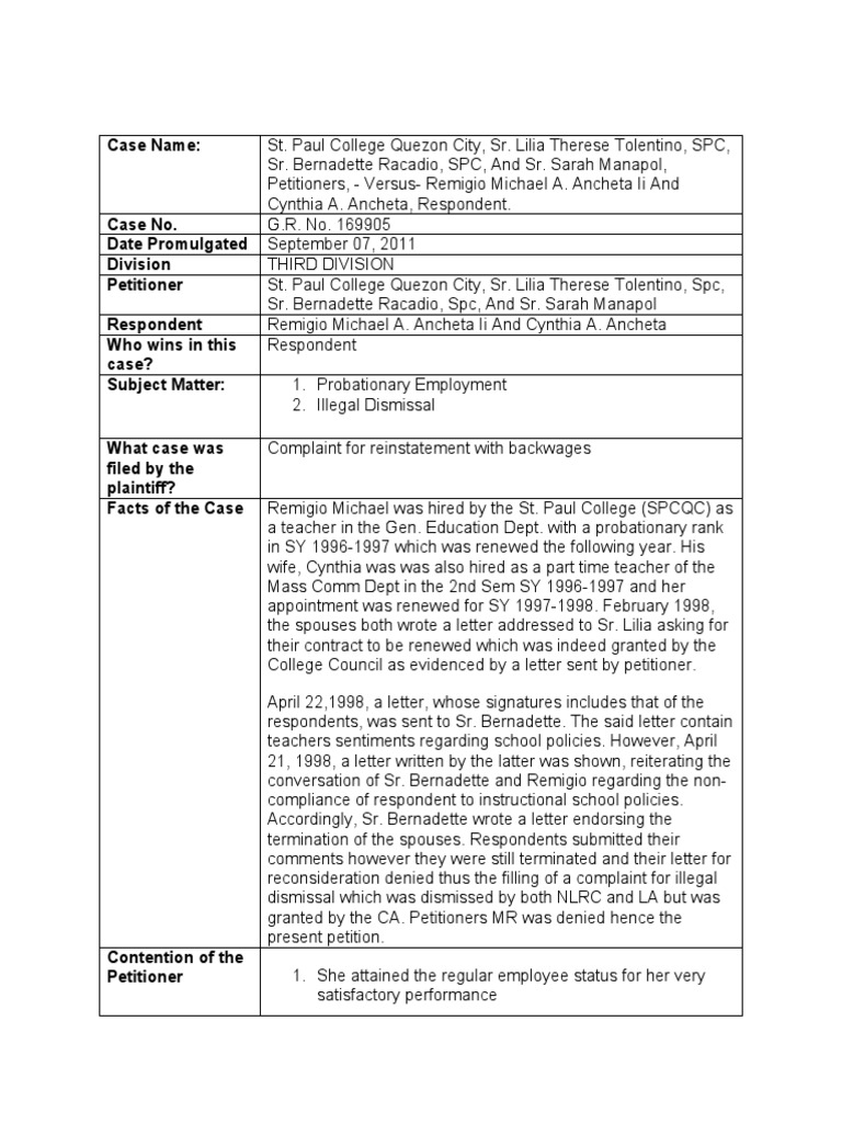 89 ST Paul QC Et Al V Spouses Ancheta - RSQ | PDF | Complaint | Employment