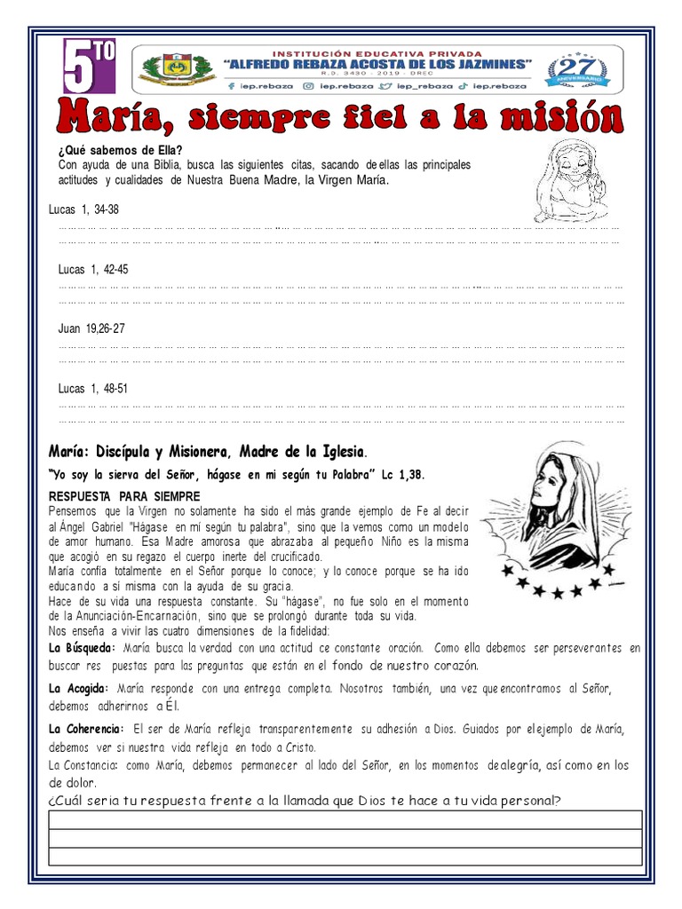 Ficha 11 María Fiel A La Misión 5to Año | PDF | María, madre de Jesús ...