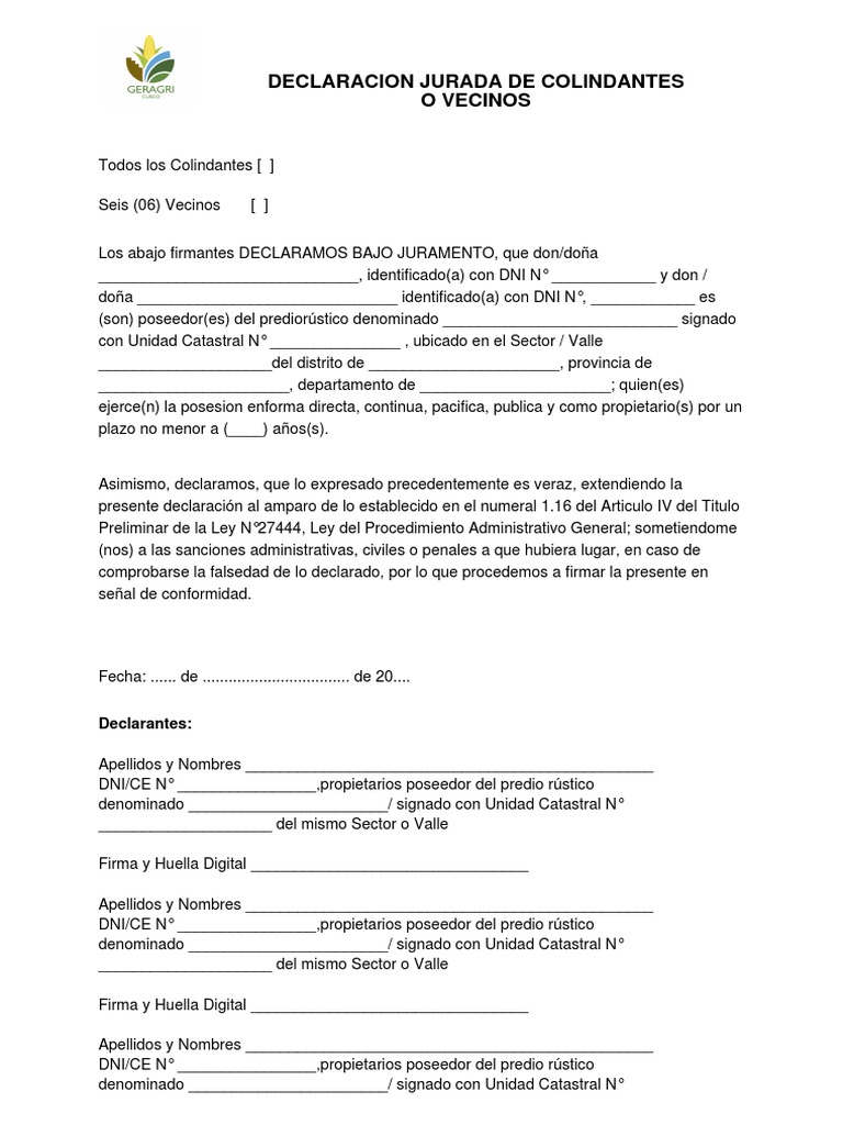 Declaracion Jurada de Colindantes O Vecinos: Declarantes | PDF ...
