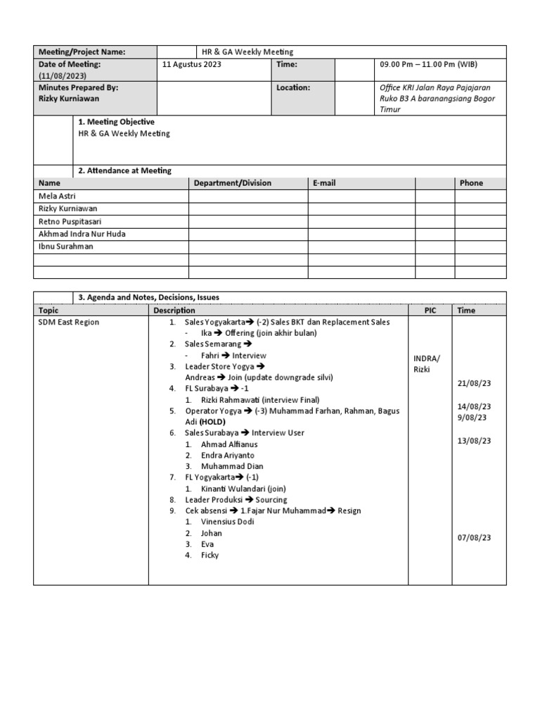 Notulen Rapat HR & GA 11 Agustus 2023 | PDF