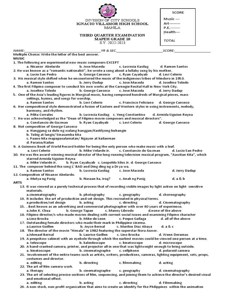 Third Quarter Test Mapeh 10 Final Ay 22 23 Pdf Tuberculosis