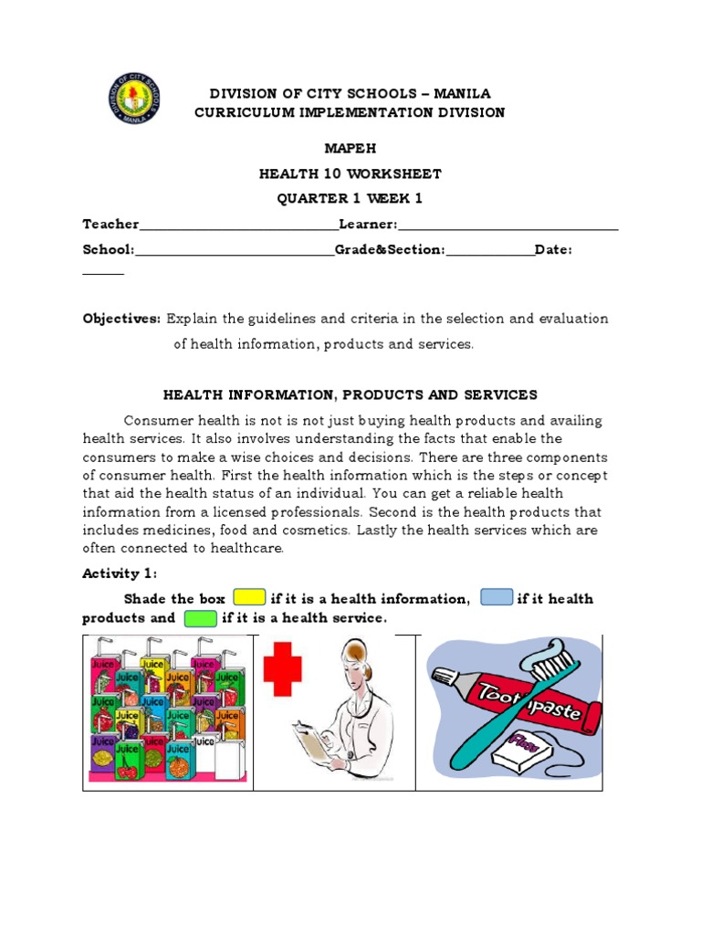 WORKSHEET HEALTH 10 Week 1 Final | PDF