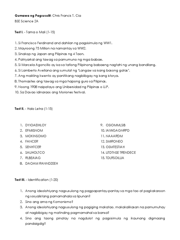 QUIZ - Filipino | PDF