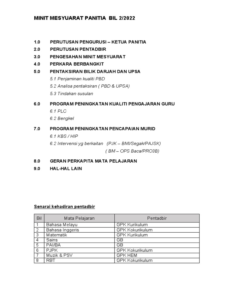Minit Mesyuarat Panitia 2 2022 | PDF