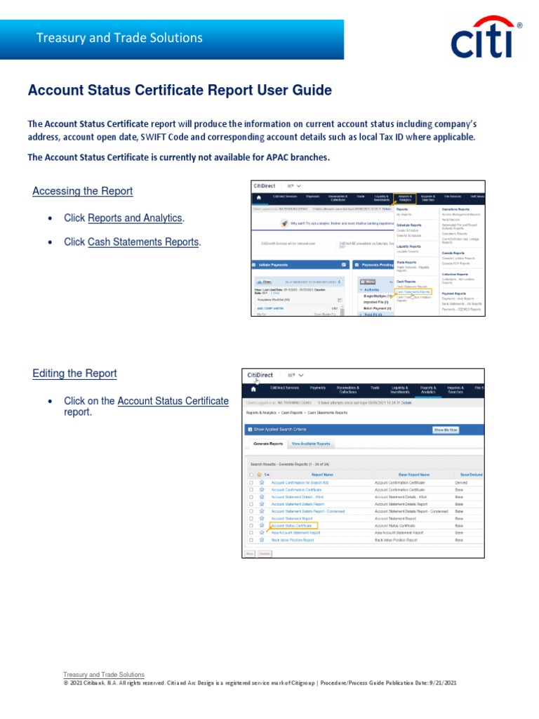 CitiDirect-BE-Account-Status-Certificate-Report-User-Guide | PDF ...