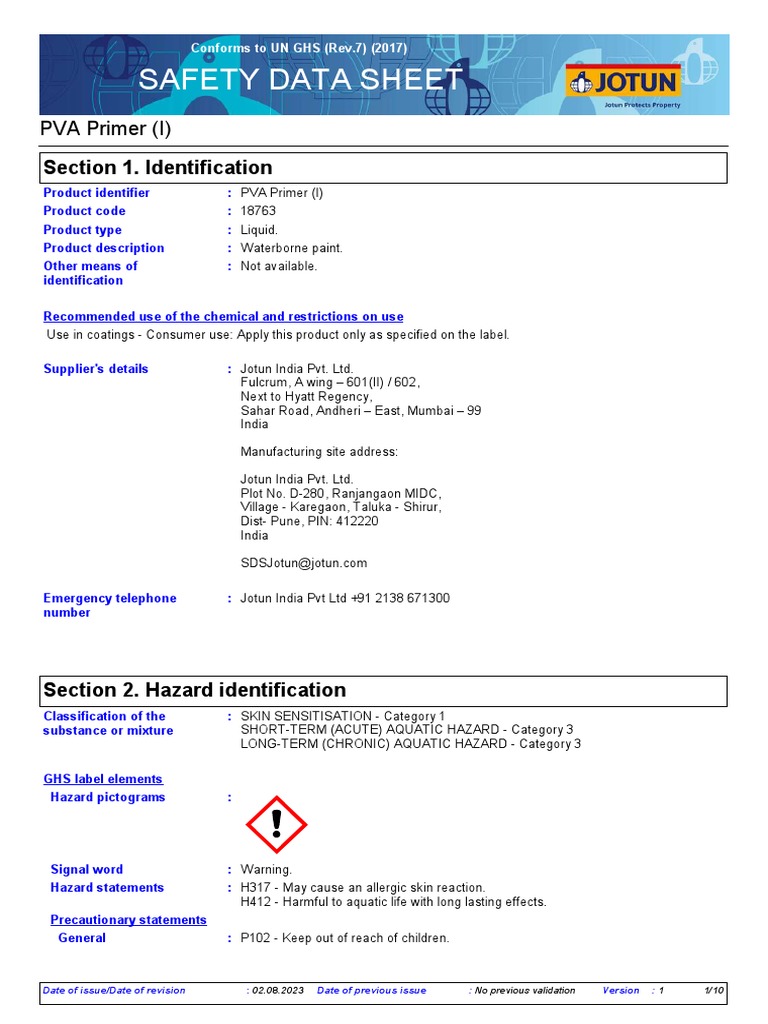 Sds 18763 Pva Primer I Euk In Pdf Toxicity Firefighter