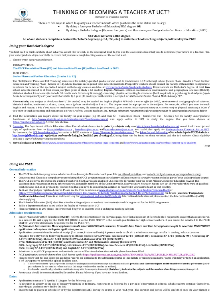 UCT Teacher Qualification Guide | PDF | Bachelor's Degree | Academic Degree