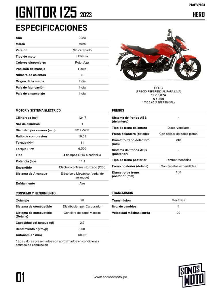 Especificaciones Hero Ignitor 125 2023 | PDF | Vehículo de motor ...