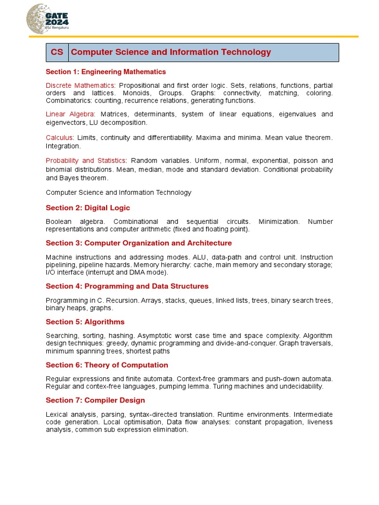 GATE 2024 Computer Science and Information Technology CS Syllabus | Download Free PDF | Internet ...