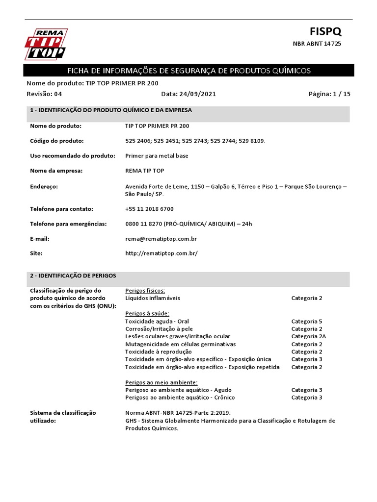 Ficha de Segurança do TIP TOP PR 200 | PDF | Química | Ciências Físicas