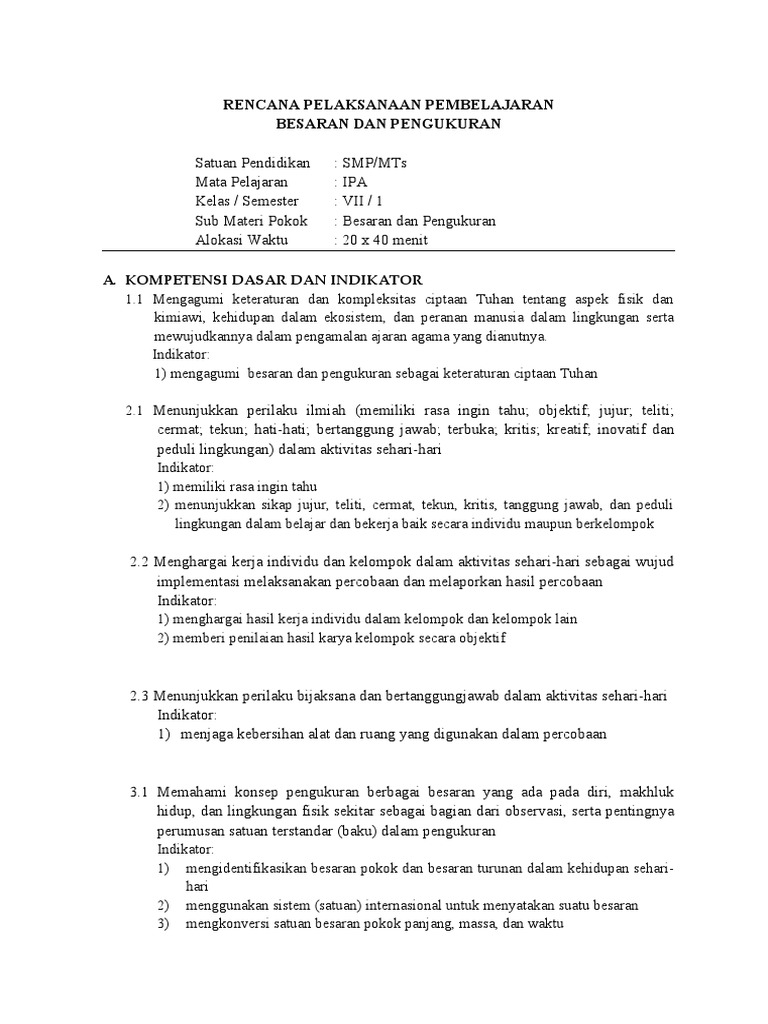 RPP Vii Bab 1 Besaran Dan Pengukuran | PDF