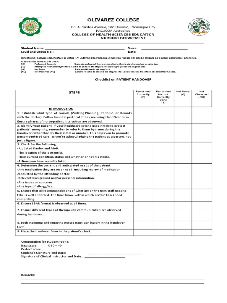 Checklist On Handover | PDF | Public Services | Medicine
