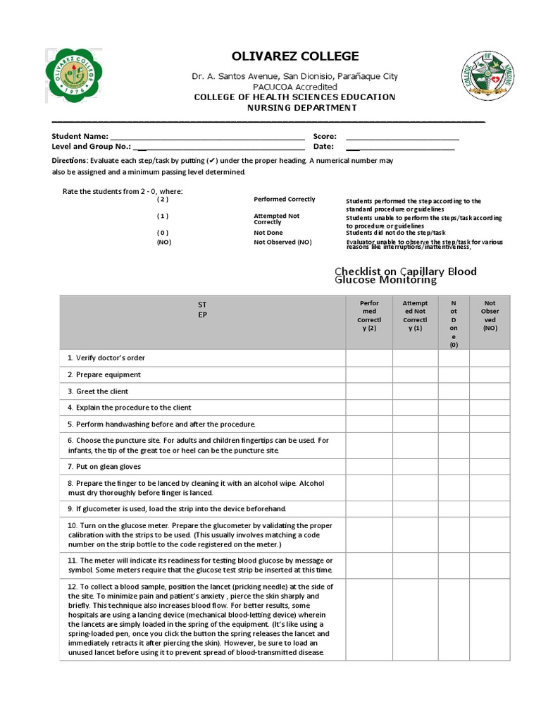 Capillary Blood Glucose Monitoring Checklist | PDF