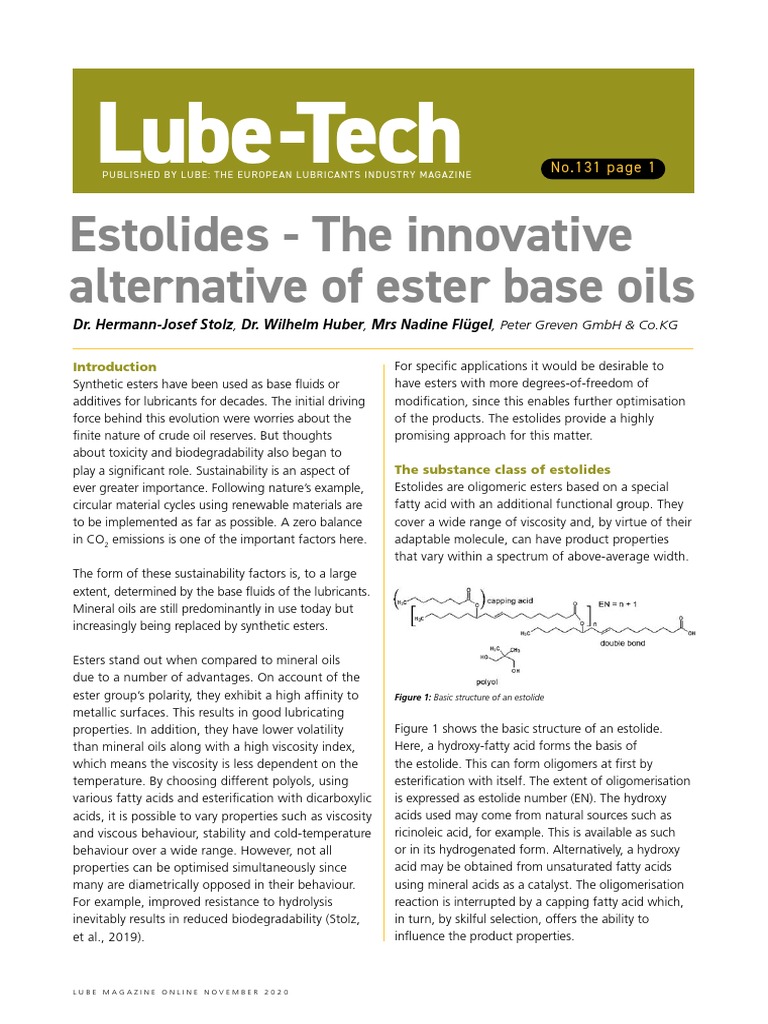 Lube Tech 131 Estolides The Innovative Alternative of Ester Base Oils ...