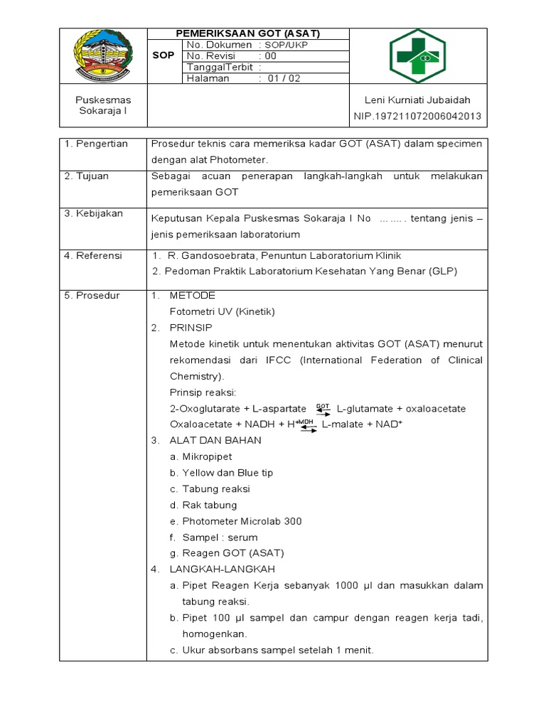 014 SOP PEMERIKSAAN GOT (ASAT) | PDF