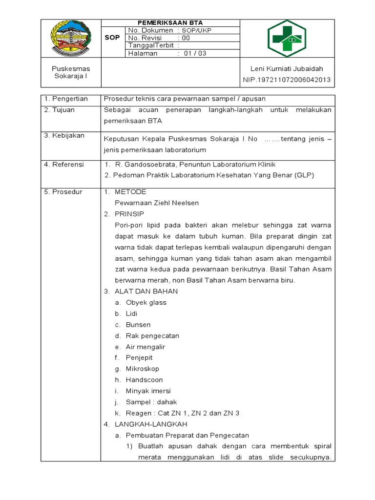 020 Sop Pemeriksaan Bta | PDF