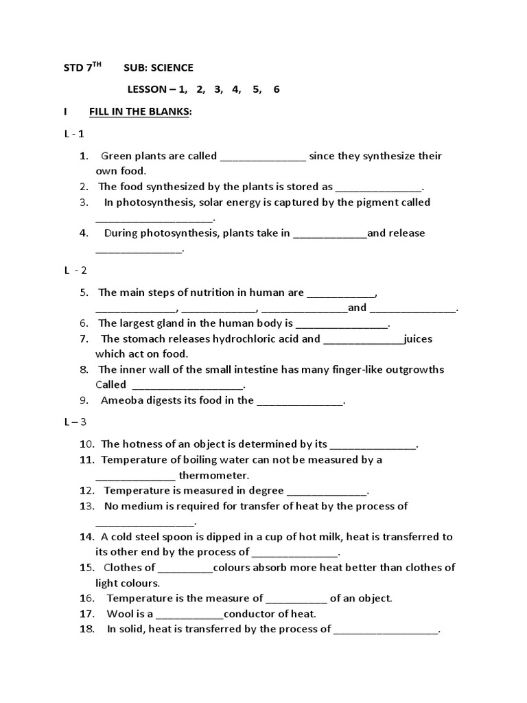 Worksheets Of Std 7 Science Pdf Digestion Chemistry