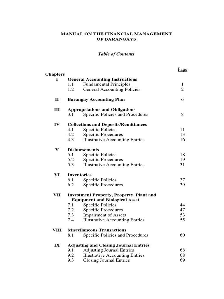 MANUAL On FINANCIAL MANAGEMENT of BARANGAY - 05-Table of Contents | PDF