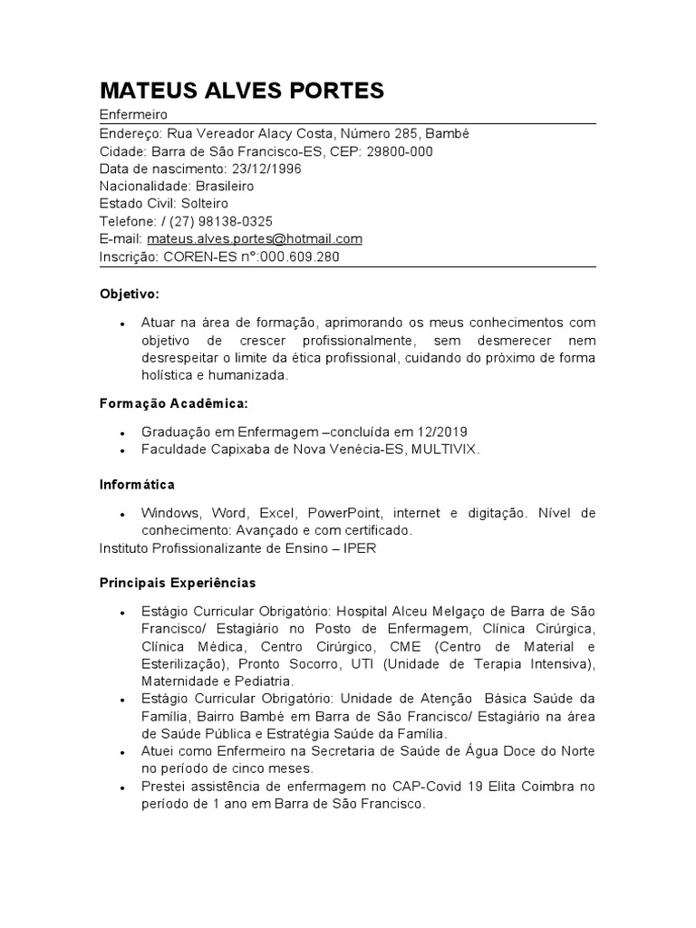 Currículo de Enfermeiro Mateus Alves | PDF | Carreira e Crescimento ...