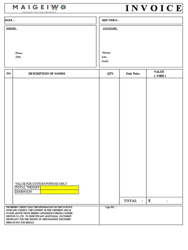 Export Invoice Details Template | PDF