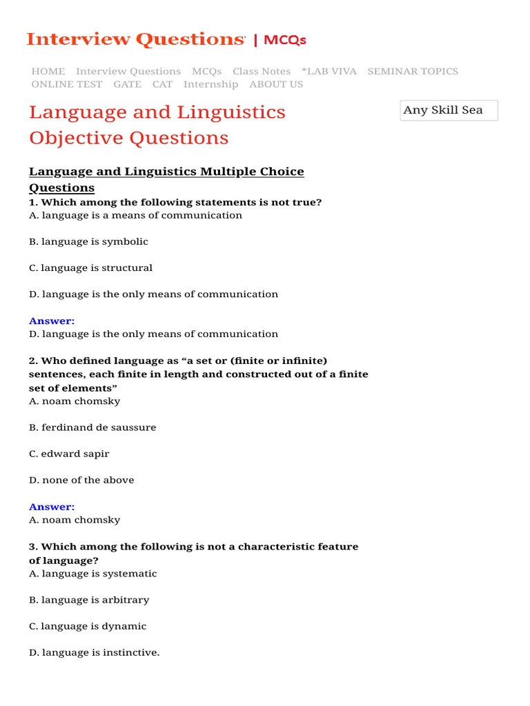 300+ REAL TIME Language and Linguistics Objective Questions & An | PDF ...