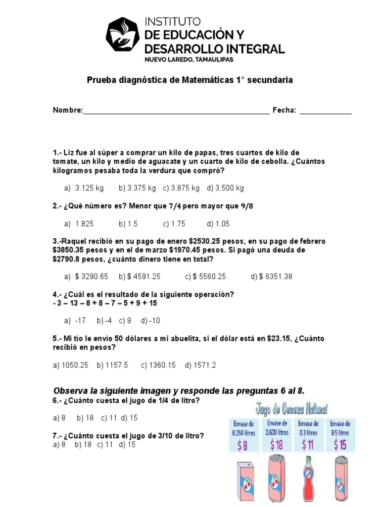 Prueba Diagnóstica de Matemáticas 1 | PDF | Métodos y materiales de ...