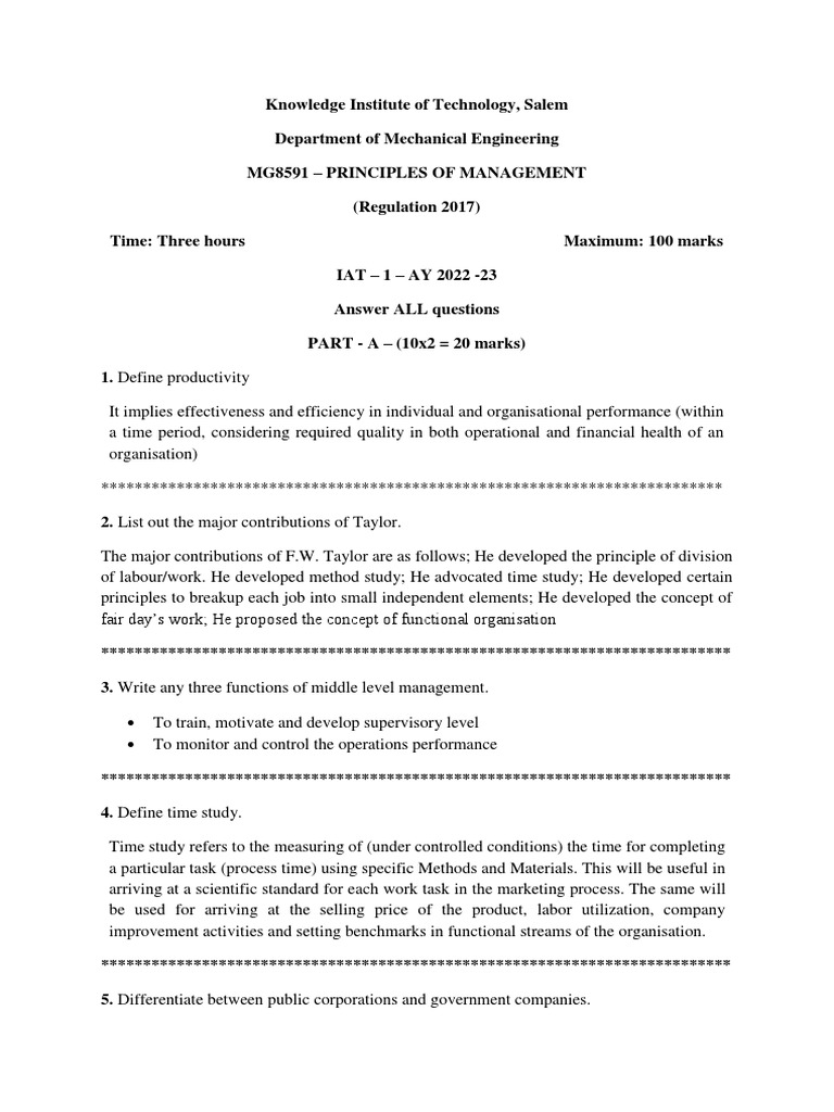 Iat 1 Answer Key 2022 - 23 | PDF | Stocks | Limited Company