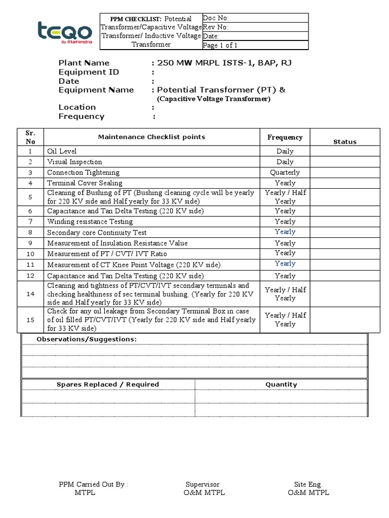 PPM Checklist for Potential Transformers | PDF | Transformer | Metrology