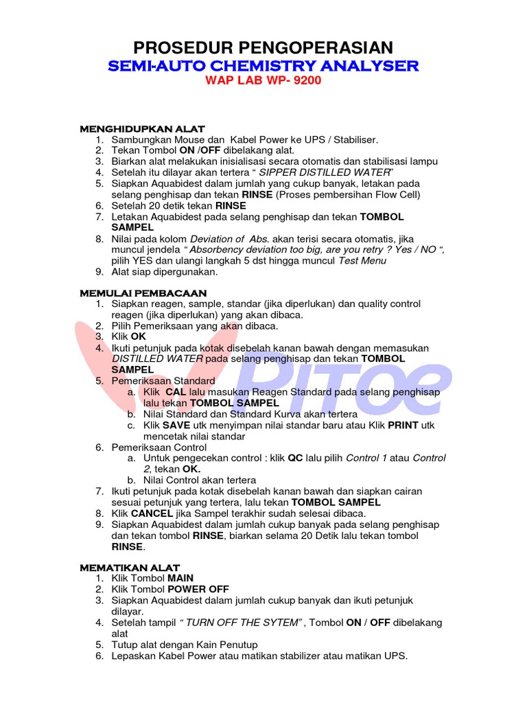 Prosedur Pengoperasian Photometer Waplab WP-9200 | PDF