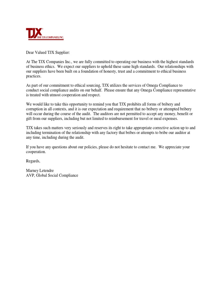 TJX Anti-Bribery Letter - Omega Compliance | PDF