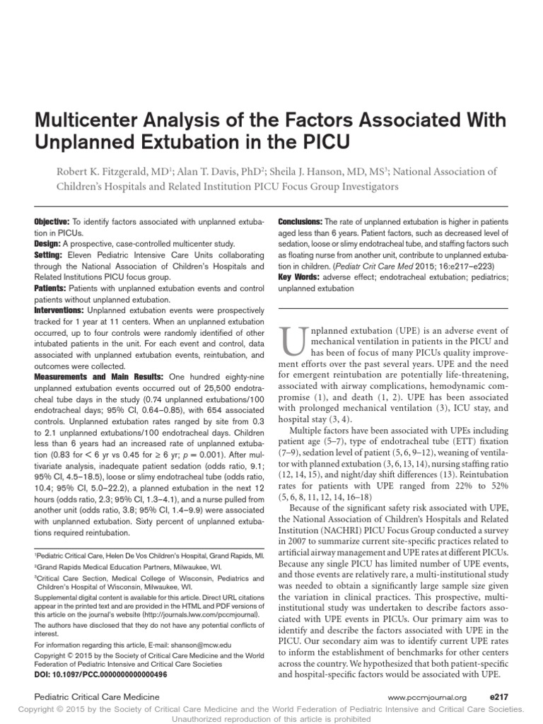 Robert K. Fitzgerald - Multicenter Analysis of The Factors Associated With Unplanned Extubation ...