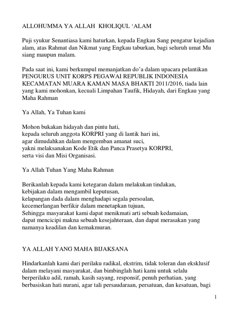 Doa Pelantikan Pengurus Korpri | PDF