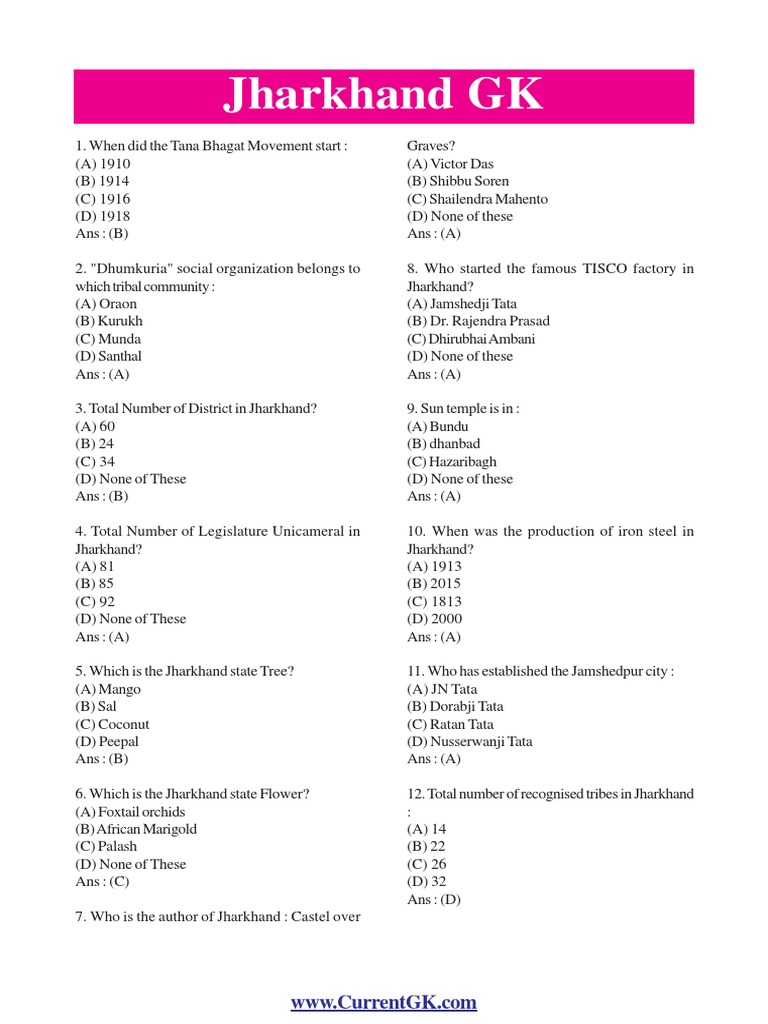 Jharkhand GK Questions and Answers | PDF