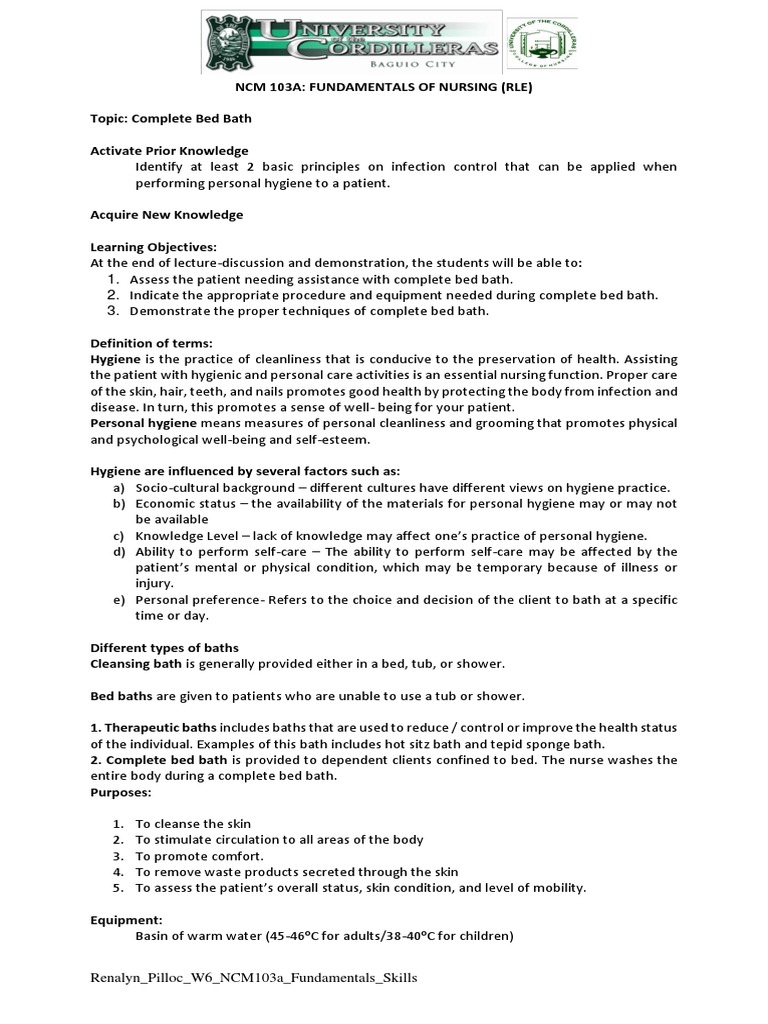 NCM 103a - Module 6 - Complete Bed Bath | PDF