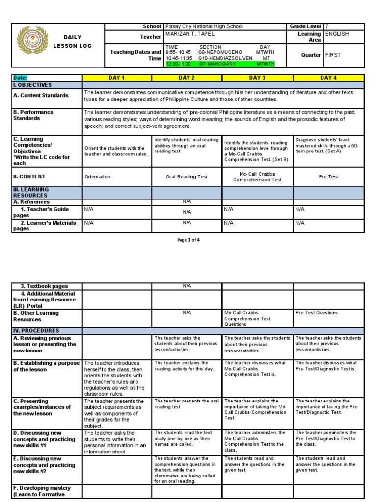 G7 DLL Q1W1 | PDF | Teachers | Reading Comprehension