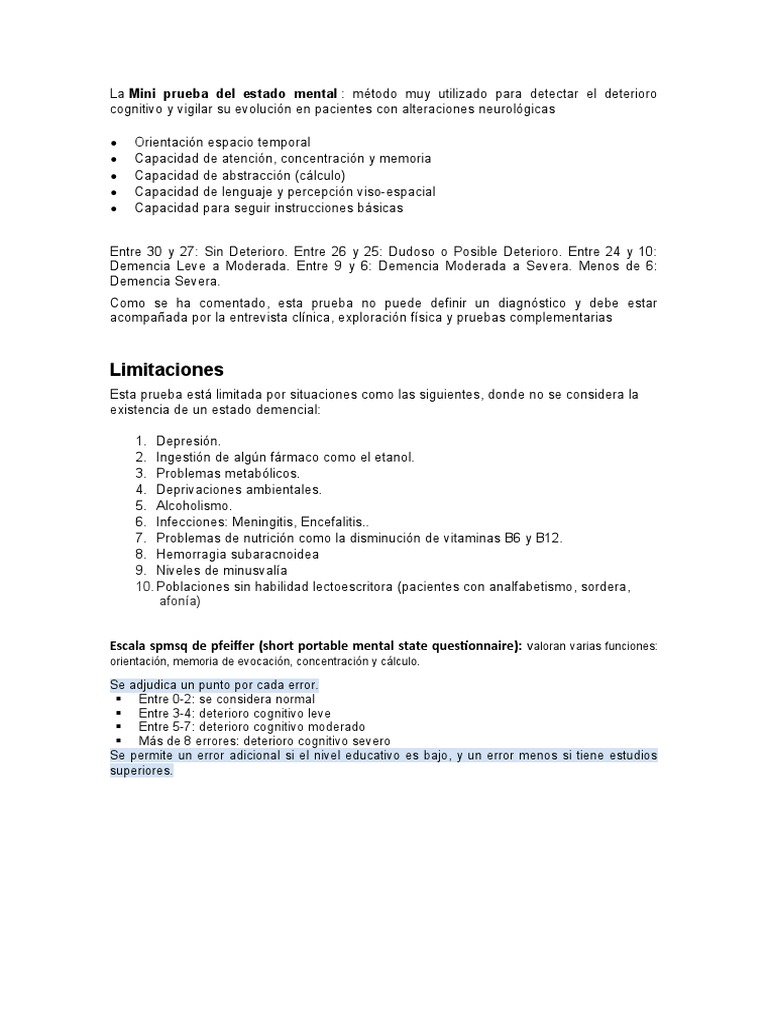 Limitaciones: Escala SPMSQ de Pfeiffer (Short Portable Mental State ...