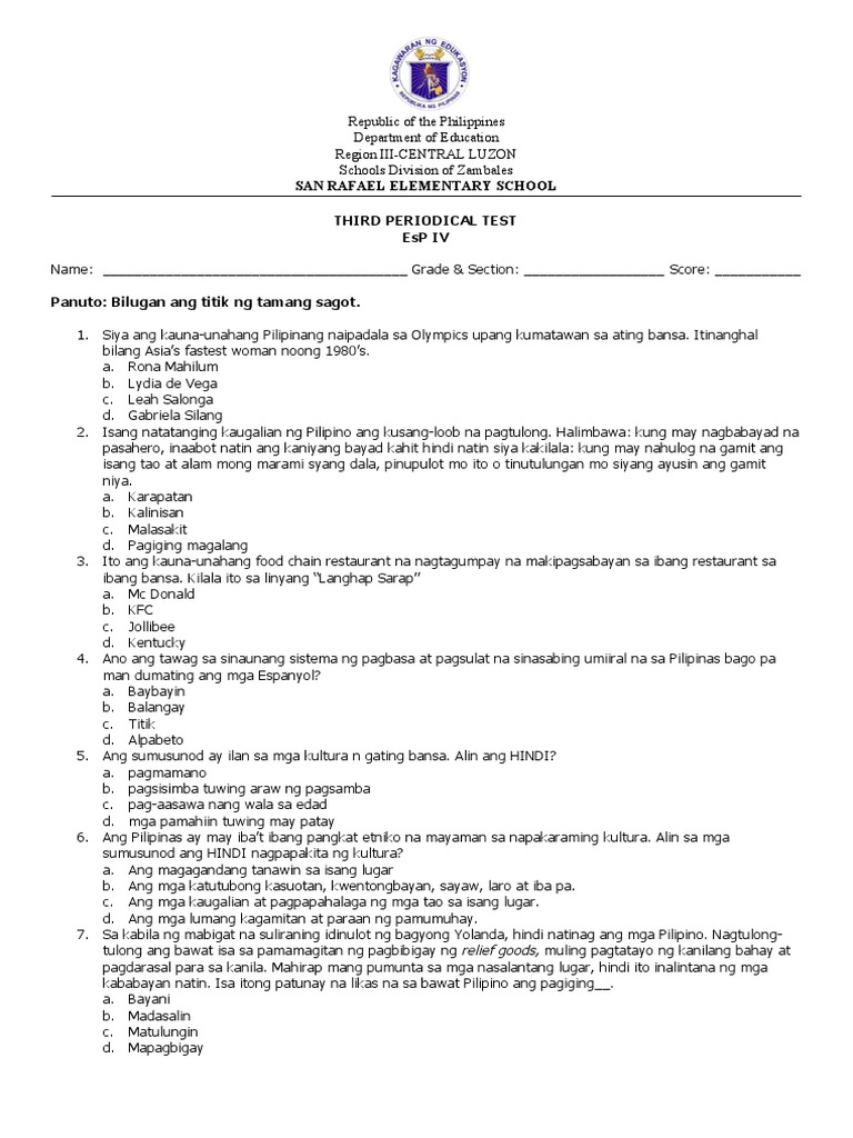 San Rafael Elementary School Third Periodical Test Esp Iv | PDF
