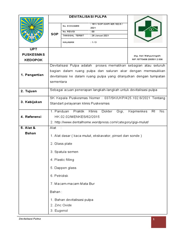 SOP DEVITALISASI PULPA Fix | PDF