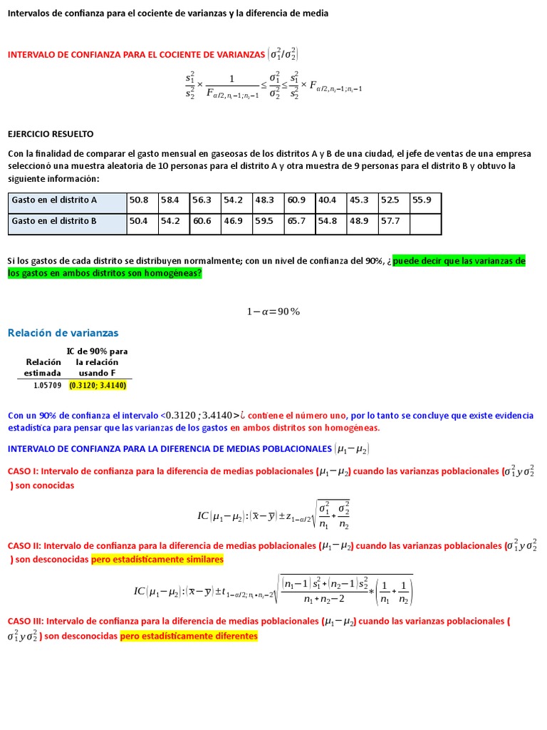 Intervalos de Confianza para El Cociente de Varianzas y La Diferencia ...