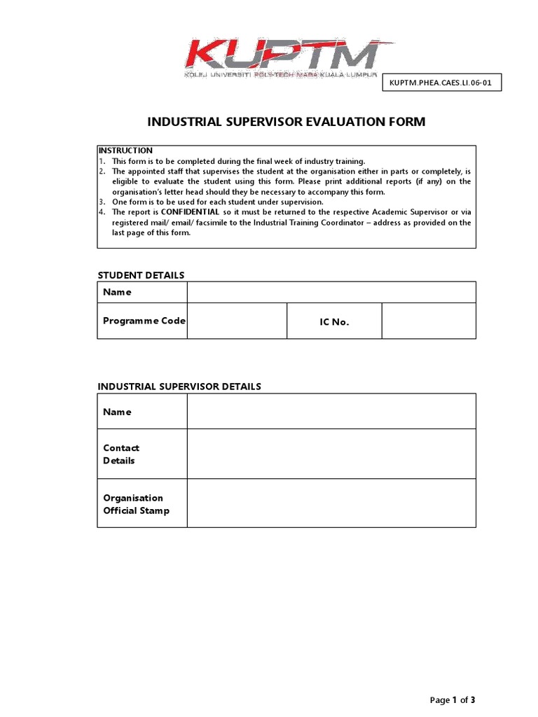 KUPTM - PHEA.CAES - LI.06-01 Appendix 8 INDUSTRIAL SUPERVISOR EVALUATION FORM | PDF | Cognitive ...
