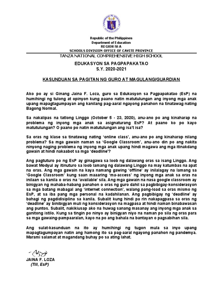 Kasunduan Sa Pagitan NG Guro at Magulang Guardian | PDF