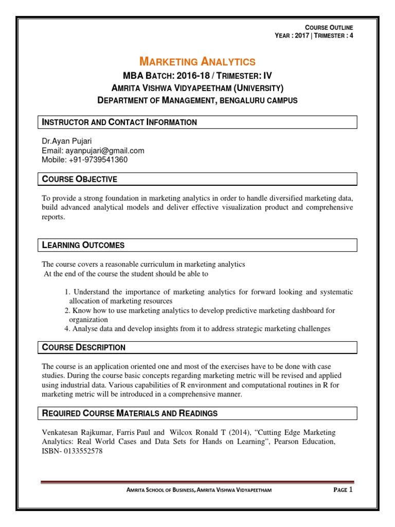 Mba Elective Marketing Analytics Syllabus 2019 | PDF