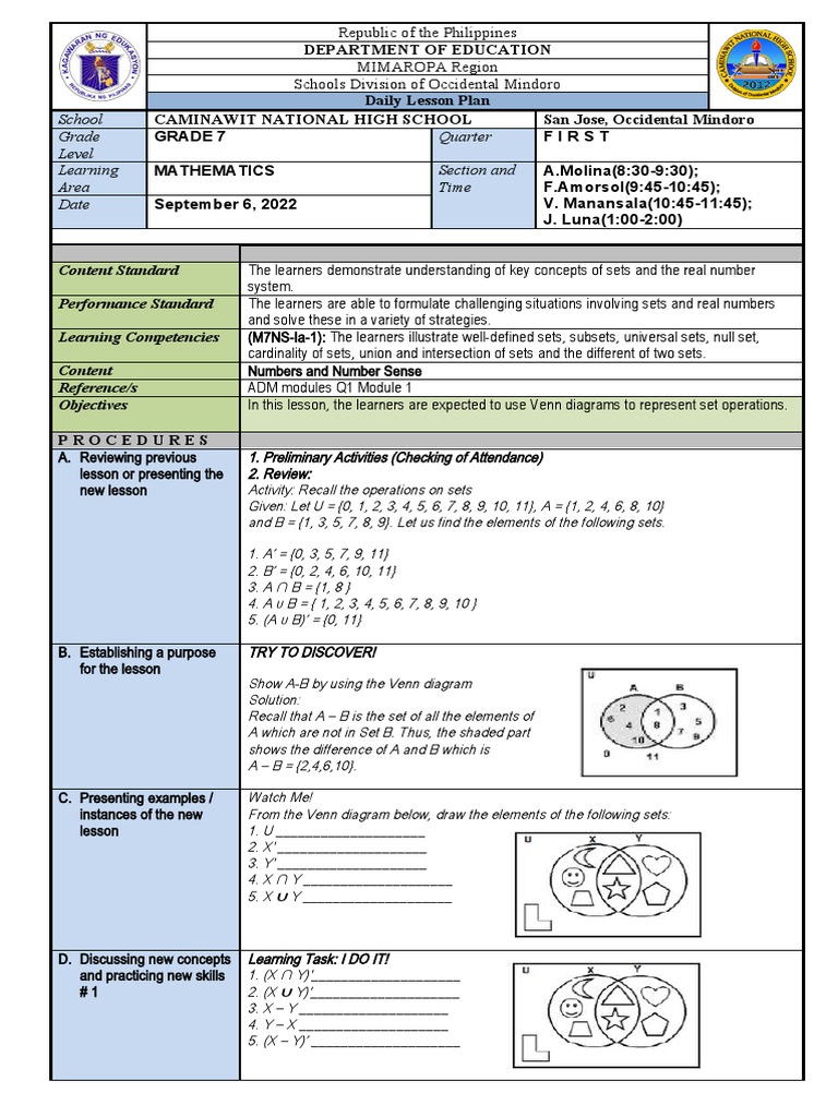 School Grade Level Quarter Learning Area Section and Time Date | PDF ...