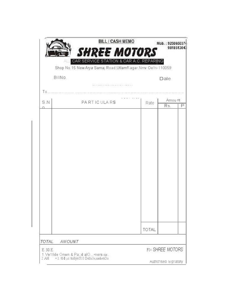 Shree Motors Bill Book Design | PDF