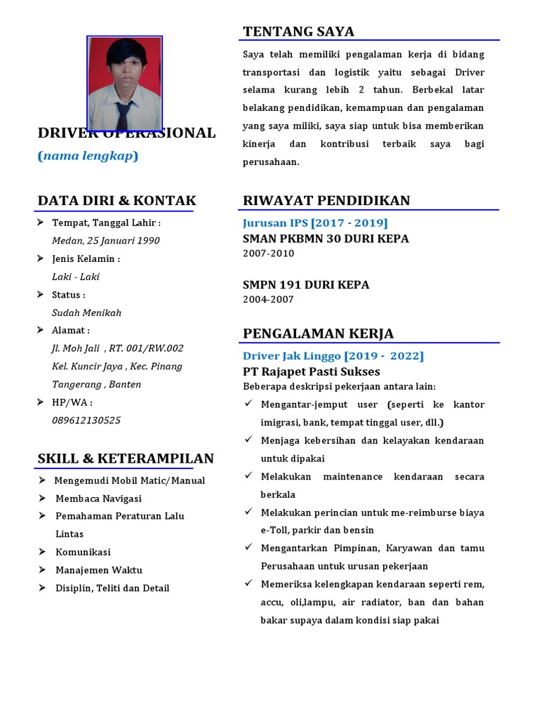 1 CV Driver Operasional Yang Punya Pengalaman Kerja (Experience) | PDF
