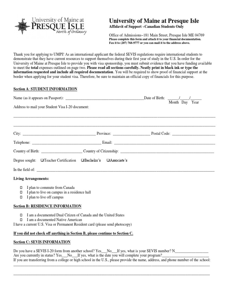 Affidavit of Support for Canadian Students | PDF