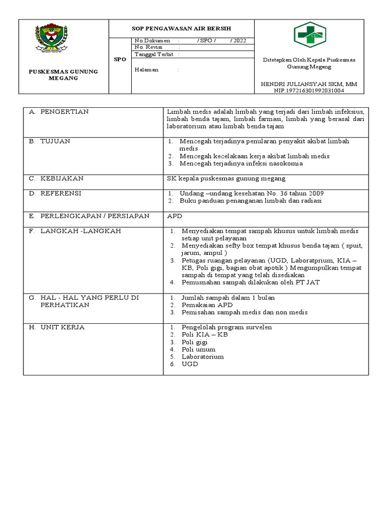 Sop Pengolahan Limbah Medis | PDF