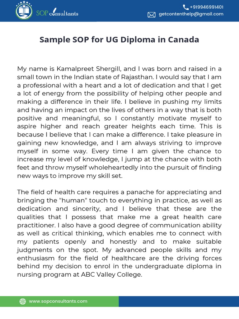 Sample SOP For UG Diploma in Canada | PDF | Nursing | Health Care